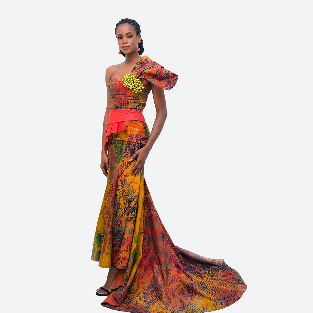 Omama Adam gown with left cluster beads and pleated slopping waist ...