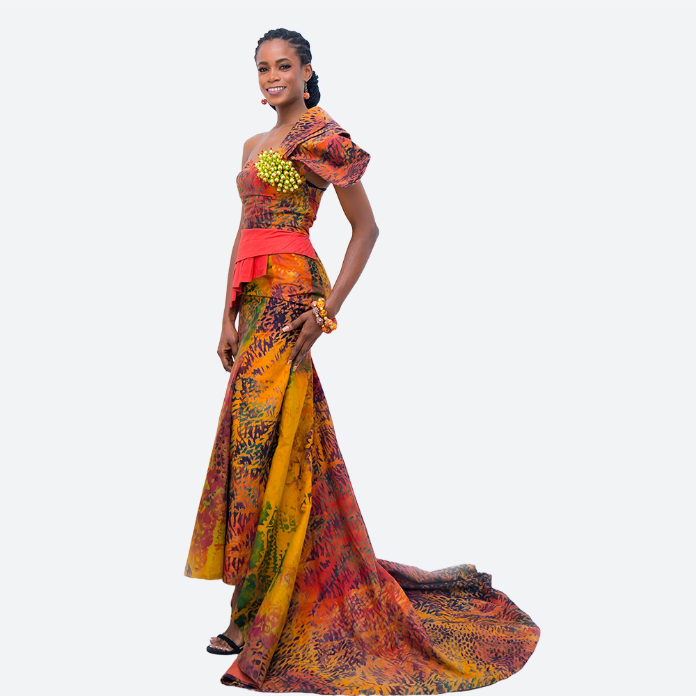 Omama Adam gown with left cluster beads and pleated slopping waist ...