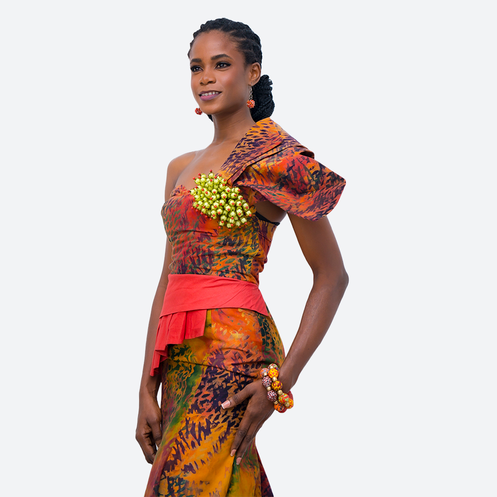 Omama Adam gown with left cluster beads and pleated slopping waist ...