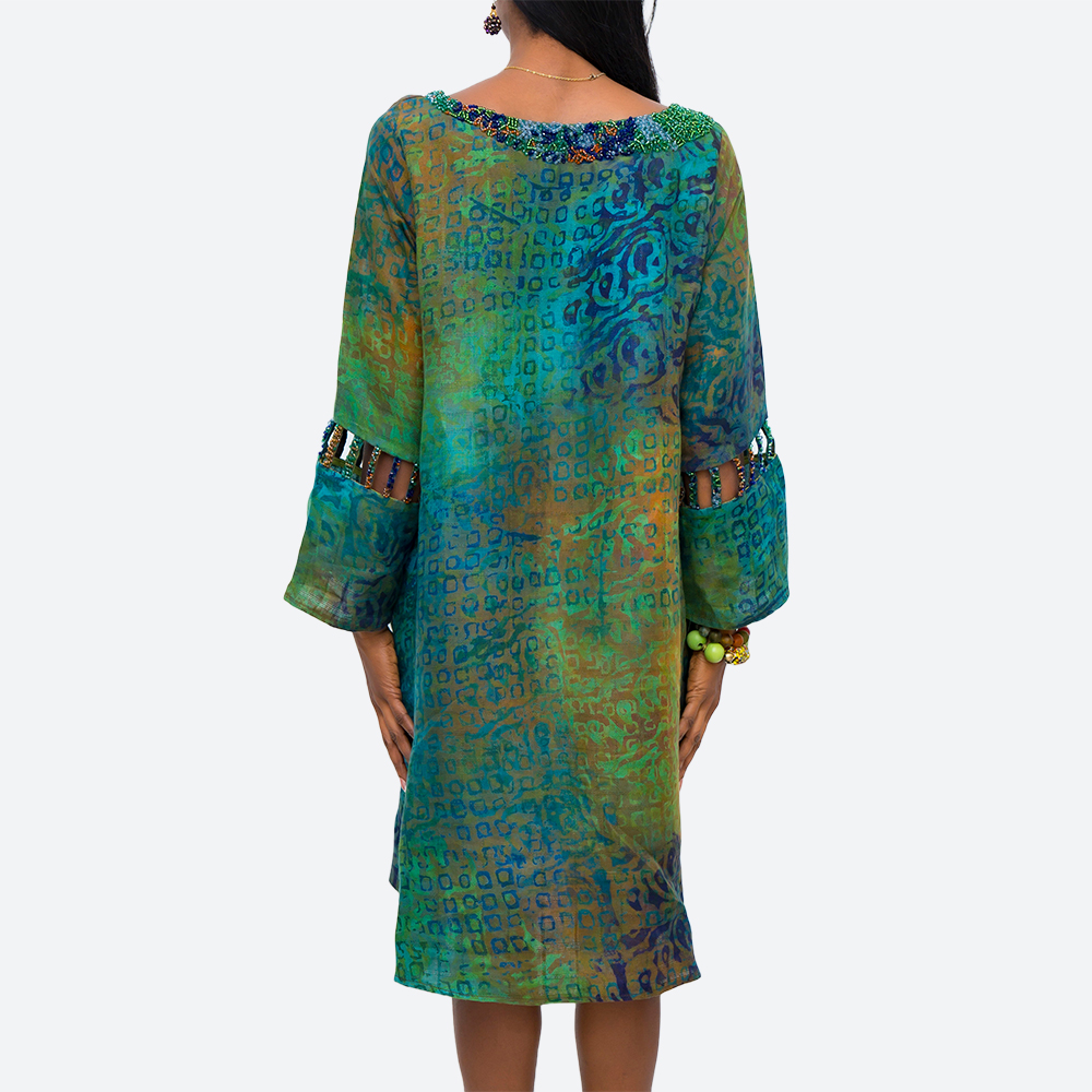 Omama Slanted Beaded Neck Pattern Short Dress with Beaded Stripe ...