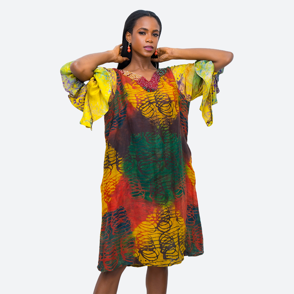 Omama Spiral Pattern Beaded Neck Knee length Dress - Nayak Afrik