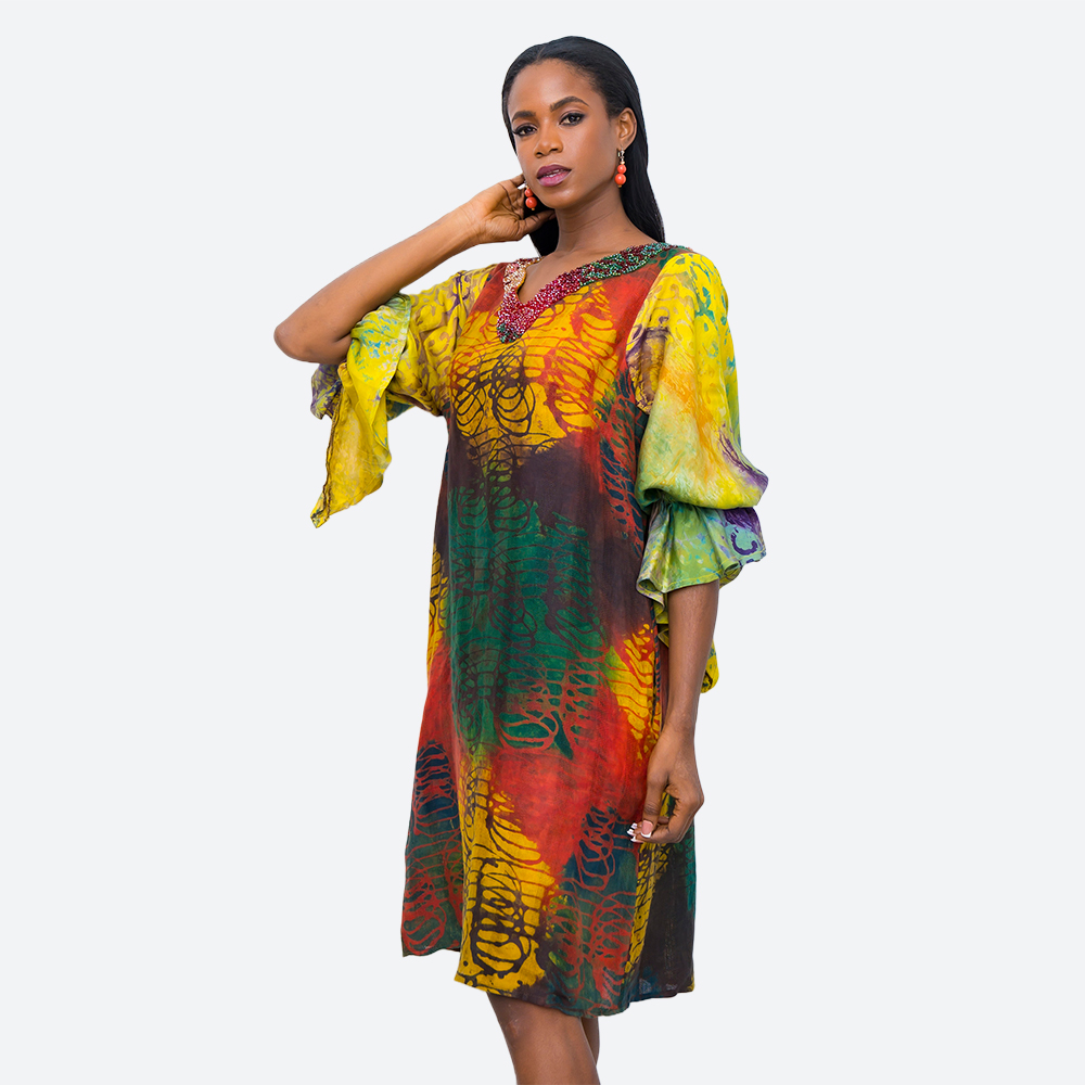 Omama Spiral Pattern Beaded Neck Knee length Dress - Nayak Afrik